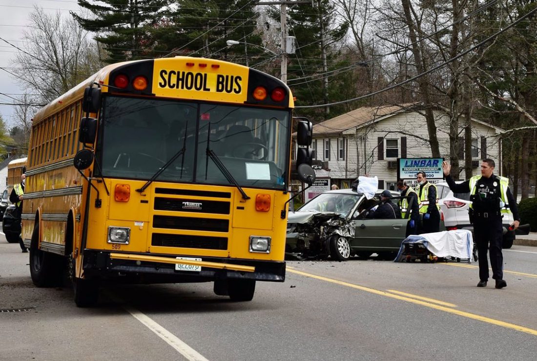 Car, school bus collide on Derry Street in Hudson; bus passengers ...
